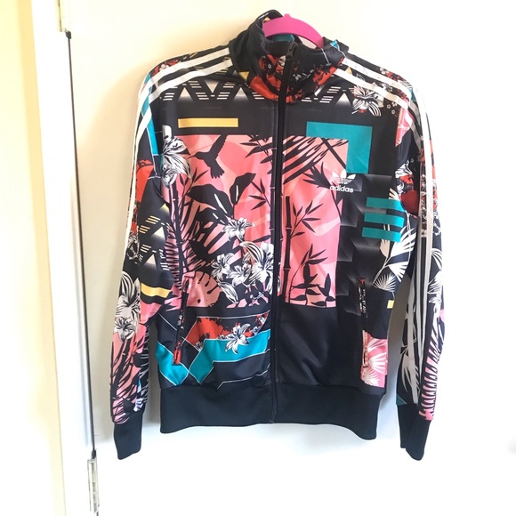 adidas | Jackets & Coats | Adidas Floral Utility Jacket Black Pink Teal ...